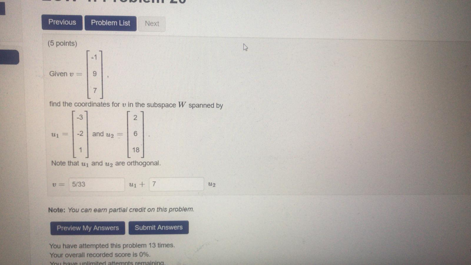 Solved UNICULU Previous Problem List Next (5 points) Given v | Chegg.com