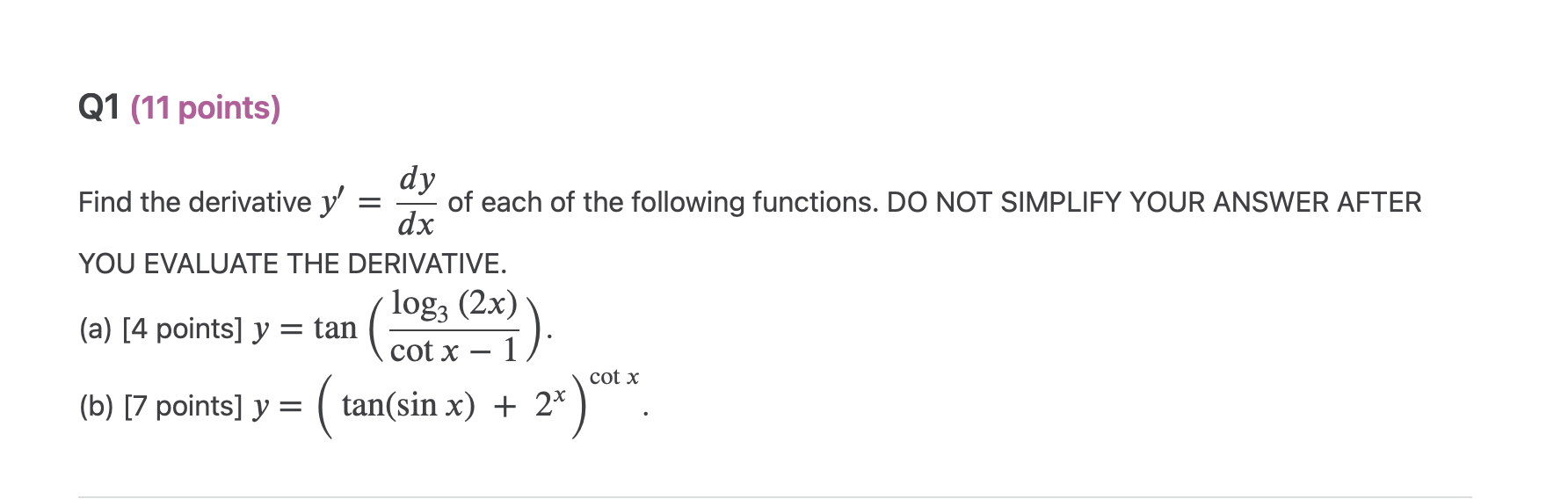Solved Find the derivative y′=dxdy of each of the following | Chegg.com