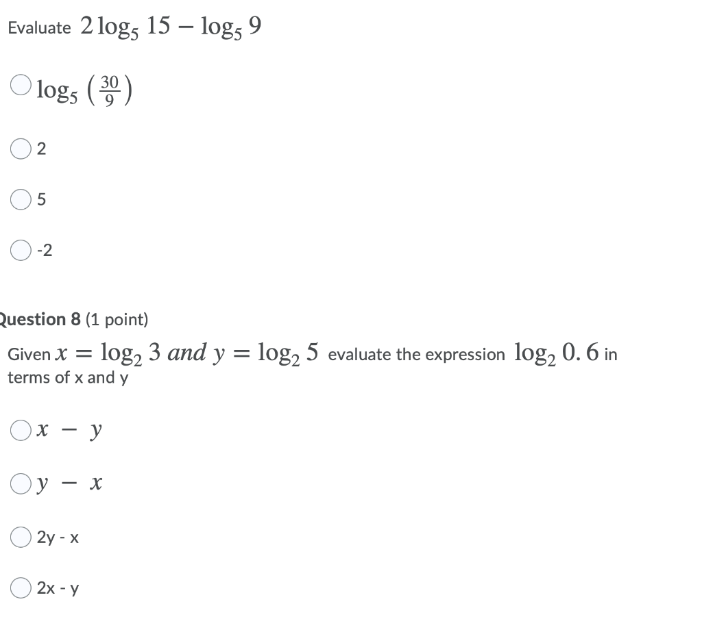 Solved Evaluate 2 log5 15 – log5 9 Ologs (3) 30 2 5 -2 | Chegg.com