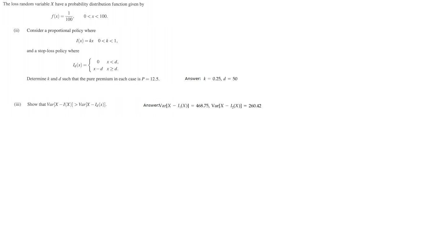 The loss random variable X have a probability | Chegg.com