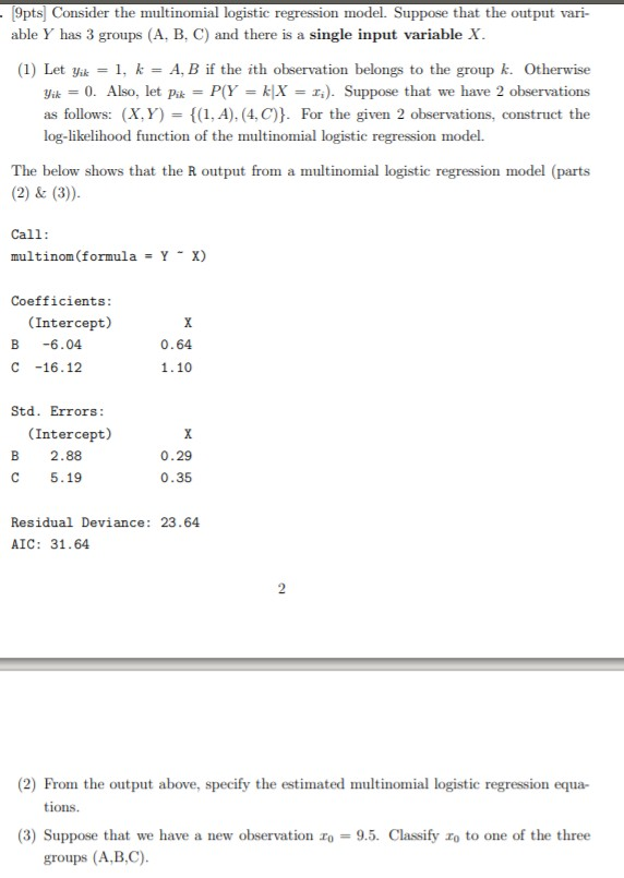 9pts] Consider the multinomial logistic regression | Chegg.com
