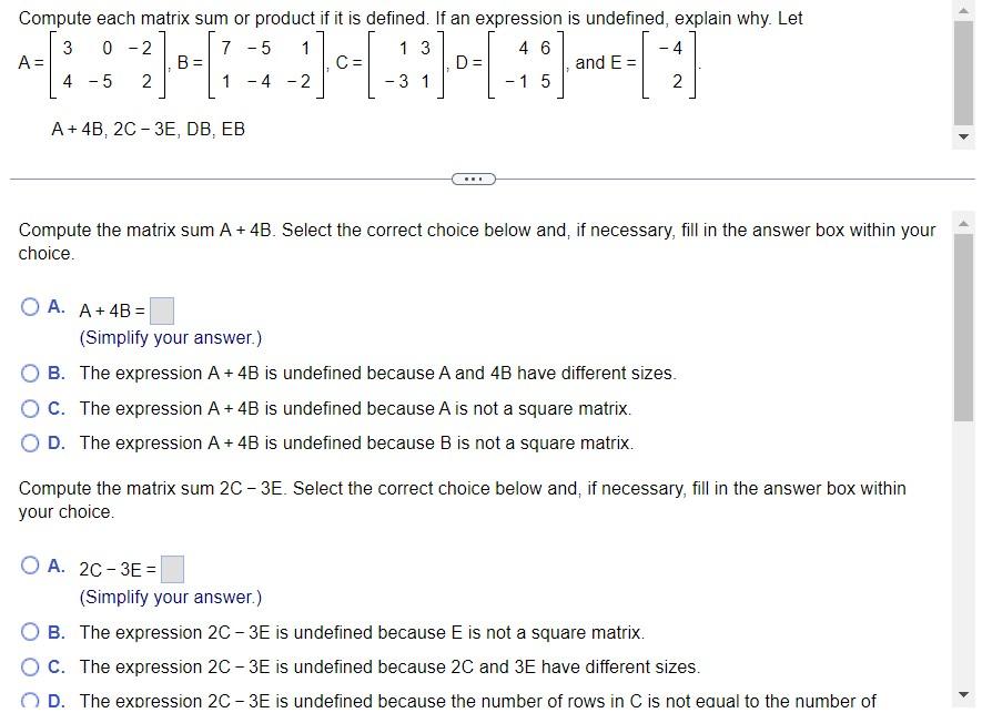 Solved Compute each matrix sum or product if it is defined. | Chegg.com