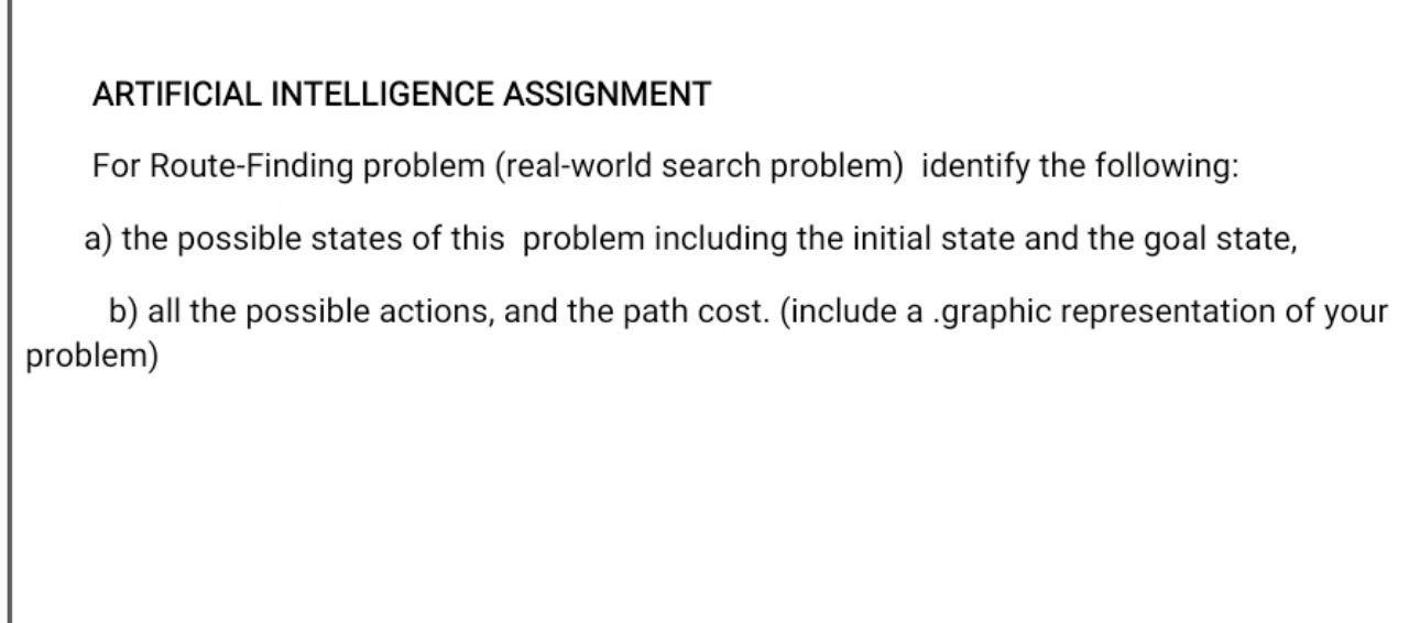 Solved ARTIFICIAL INTELLIGENCE ASSIGNMENT For Route-Finding | Chegg.com