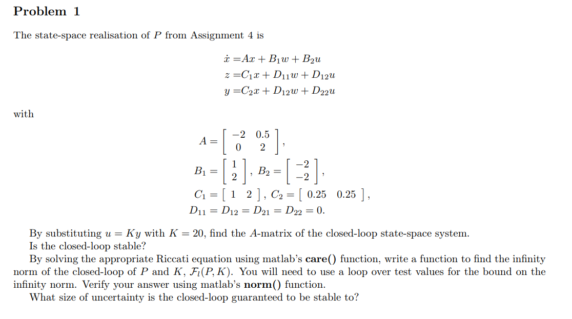 Solved Problem 1 The state-space realisation of P from | Chegg.com