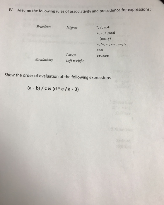 Solved IV. Assume the following rules of associativity and | Chegg.com
