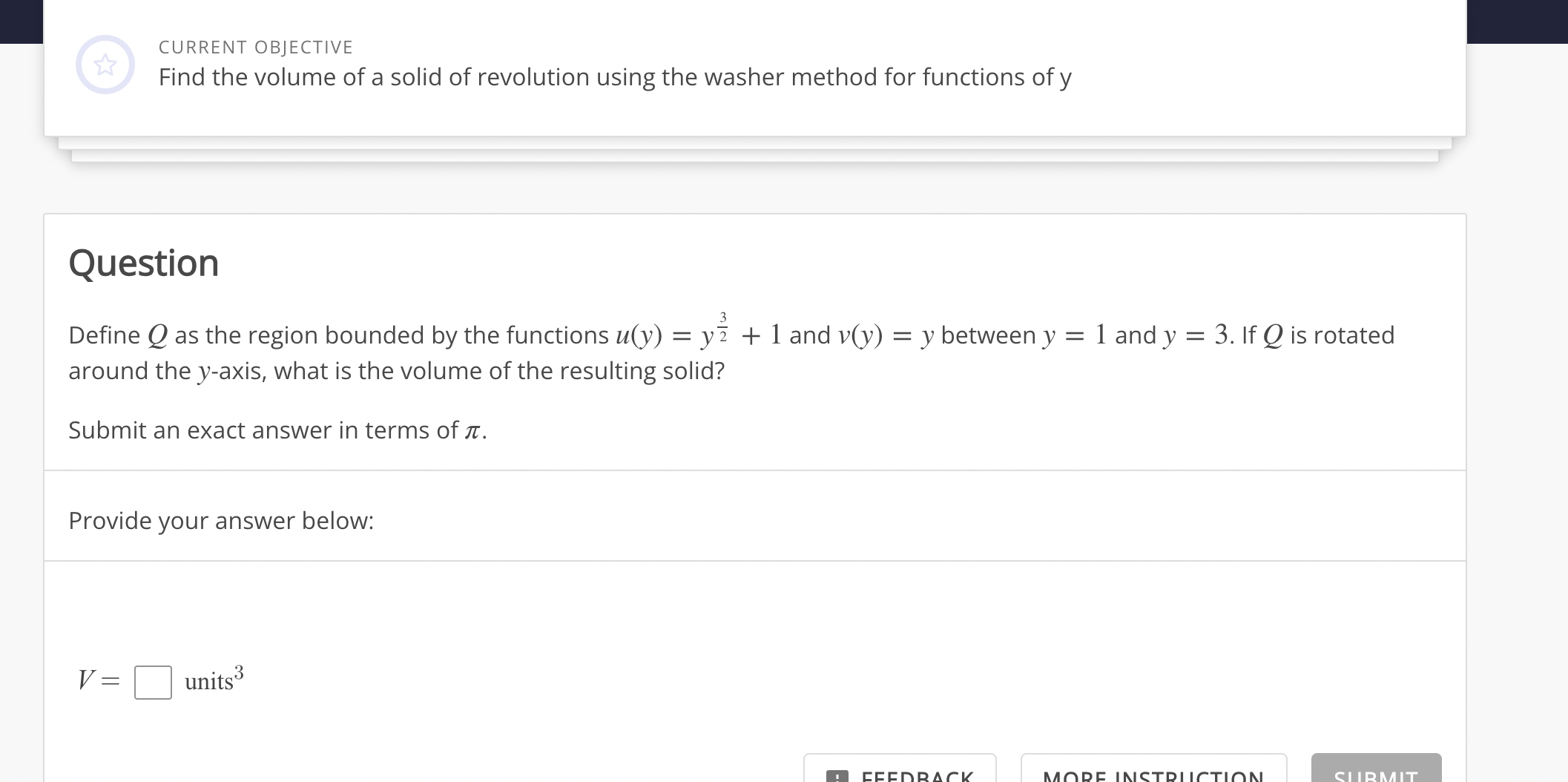 Solved CURRENT OBJECTIVE Find the volume of a solid of | Chegg.com