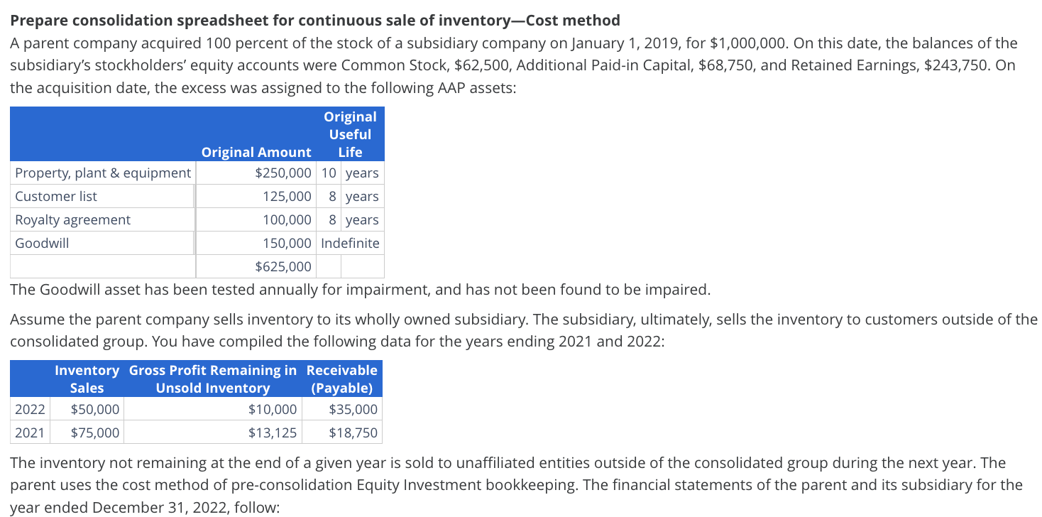 Solved Prepare consolidation spreadsheet for continuous sale | Chegg.com