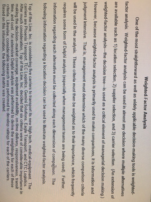 Solved Weighted-Factor Analysis One of the most | Chegg.com