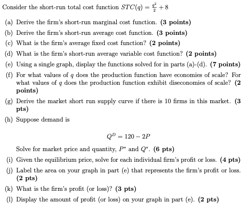 Solved Consider the short-run total cost function STC(q) = { | Chegg.com