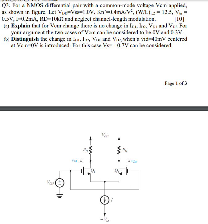 Q3. For a NMOS differential pair with a common-mode | Chegg.com
