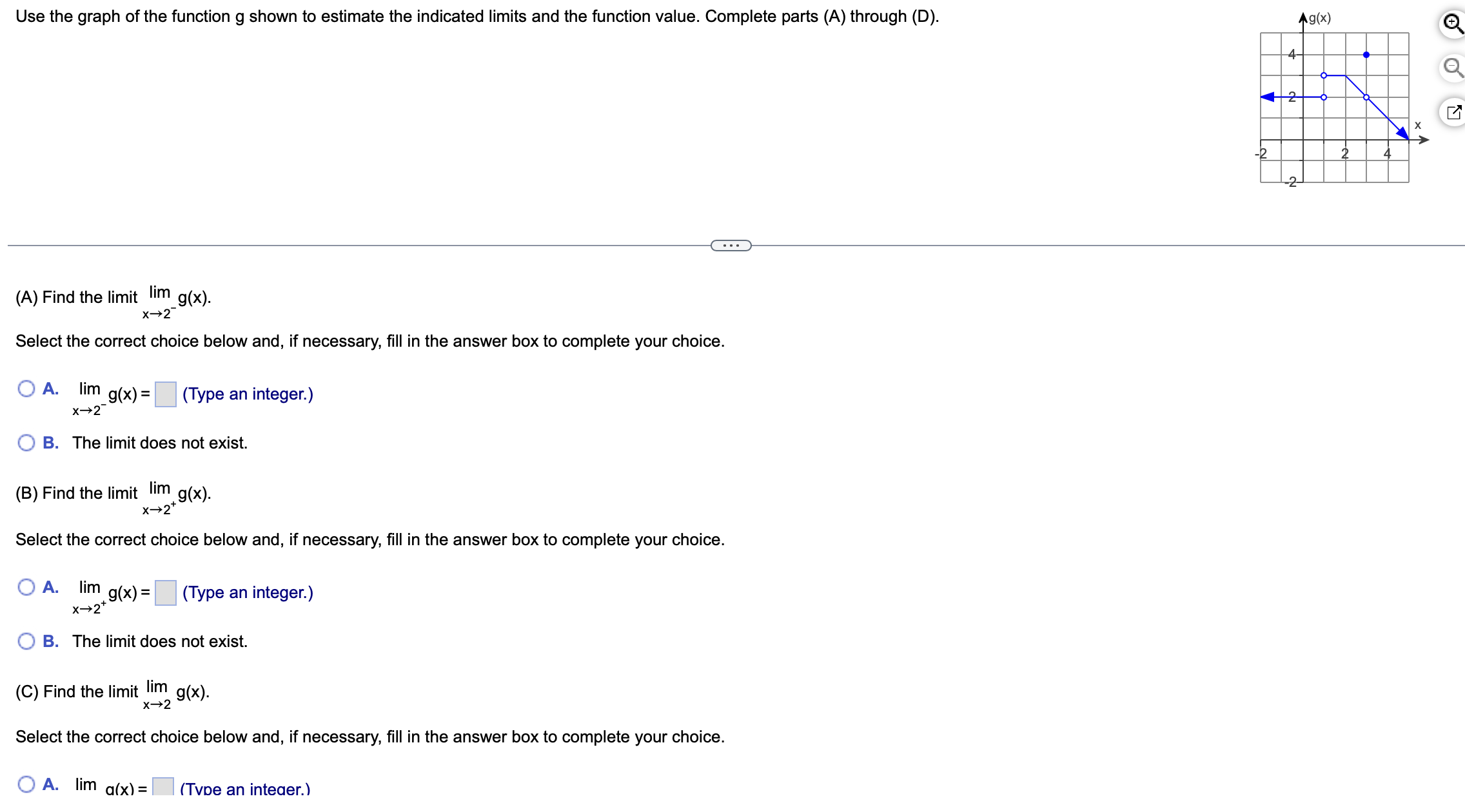 Solved (A) Find the limit limx→2−g(x) Select the correct | Chegg.com