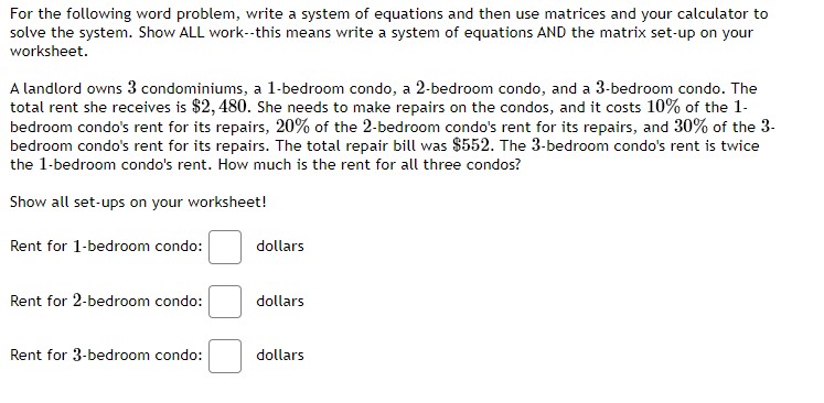 Solved For the following word problem, write a system of | Chegg.com