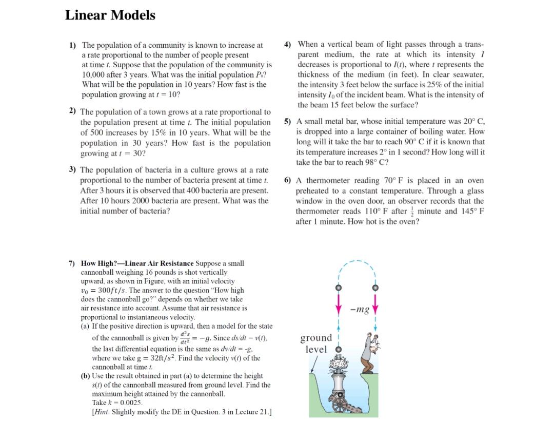 Solved Linear Models 1) The population of a community is | Chegg.com