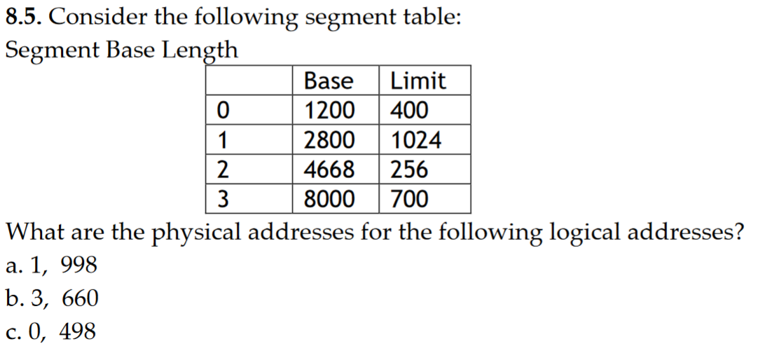 Solved 8.5. Consider the following segment table: Segment | Chegg.com