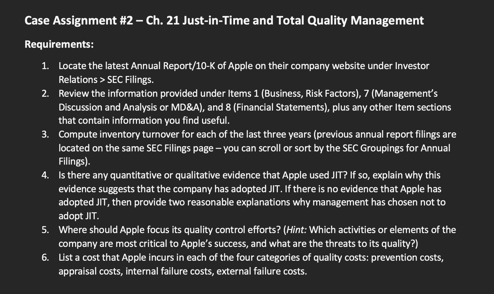 Solved Case Assignment \#2 - Ch. 21 Just-in-Time and Total | Chegg.com