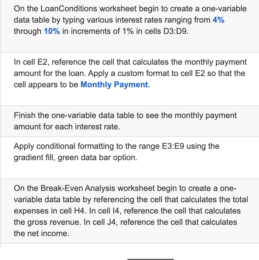 Solved On the LoanConditions worksheet begin to create a | Chegg.com