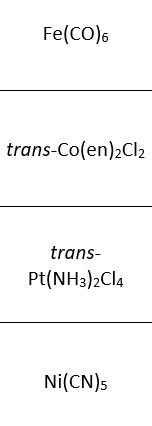 Solved Fe(CO)6 trans-Co(en) 2Cl2 trans- Pt(NH3)2Cl4 Ni(CN)5 | Chegg.com