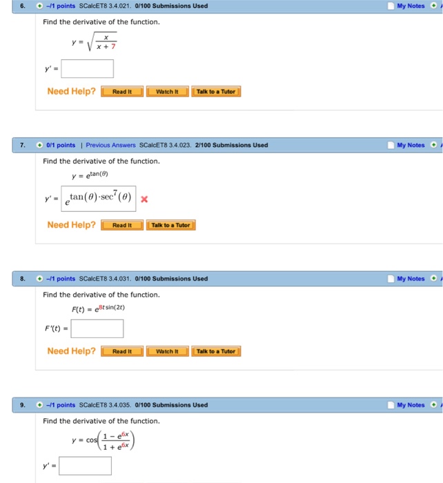 Solved 6. 1 points SCalcET8 3.4.021. 0/100 Submissions Used | Chegg.com