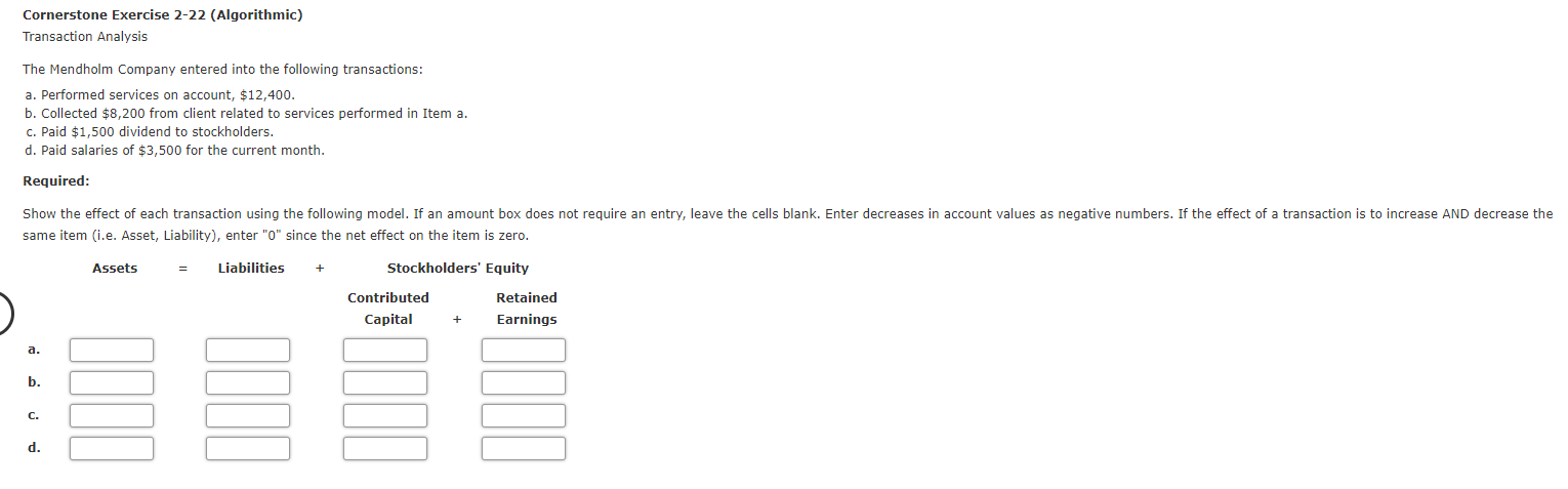 Solved Cornerstone Exercise 2-22 (Algorithmic) Transaction | Chegg.com