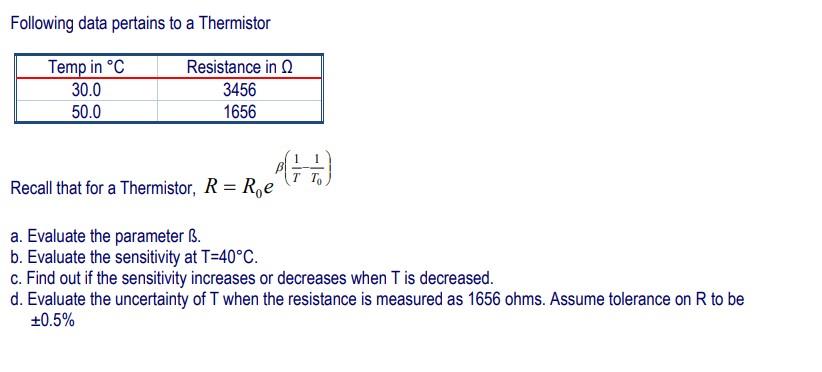 Solved Following data pertains to a Thermistor Temp in °C | Chegg.com