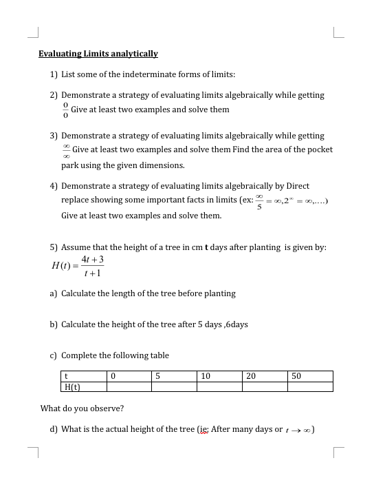 Solved L Evaluating Limits analytically 1) List some of the | Chegg.com