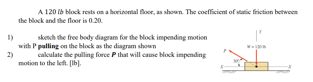 [Solved]: A 120lb block rests on a horizontal floor, as sho