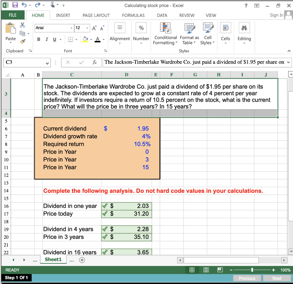 Solved X 5 Calculating Stock Price Excel FORMULAS DATA Chegg