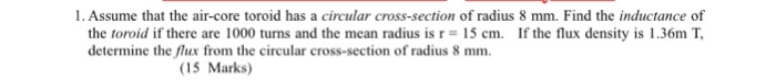 Solved 1. Assume that the air-core toroid has a circular | Chegg.com