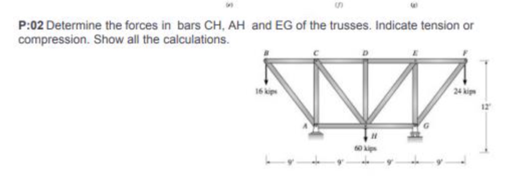 Solved P:02 ﻿Determine the forces in bars CH,AH ﻿and EG ﻿of | Chegg.com