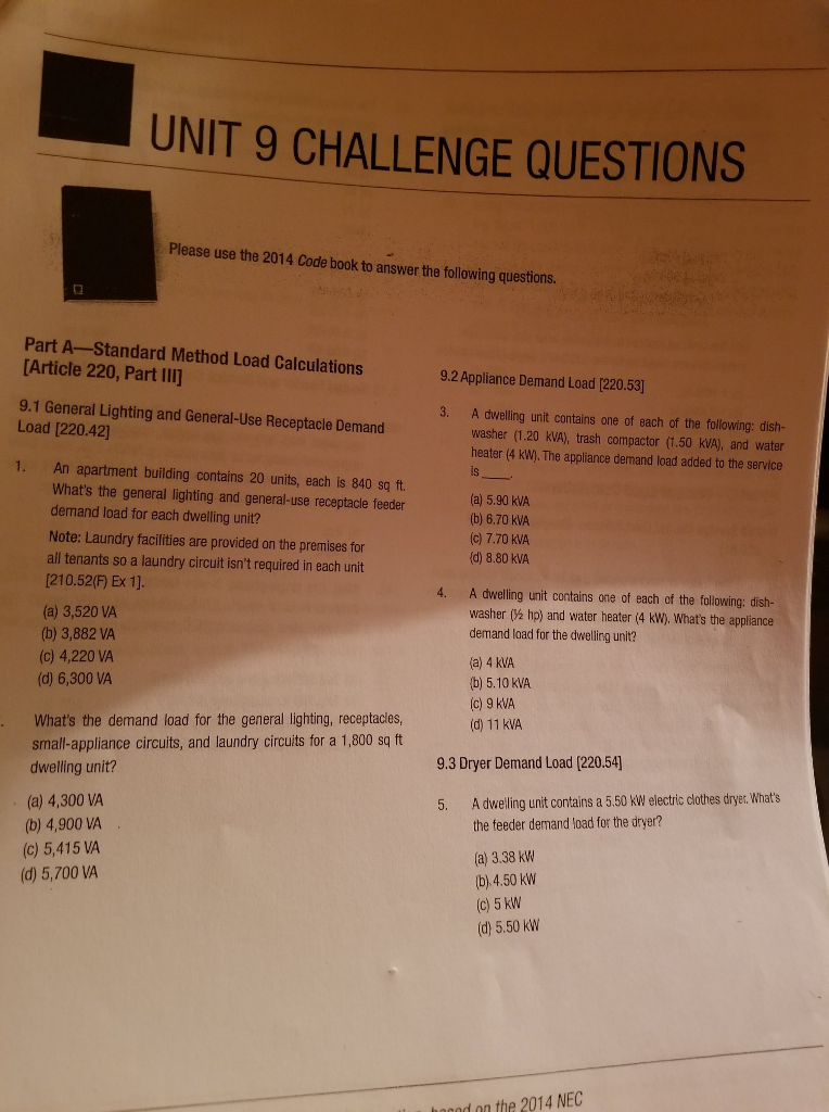 Solved UNIT 9 CHALLENGE QUESTIONS Please use the 2014 Code | Chegg.com