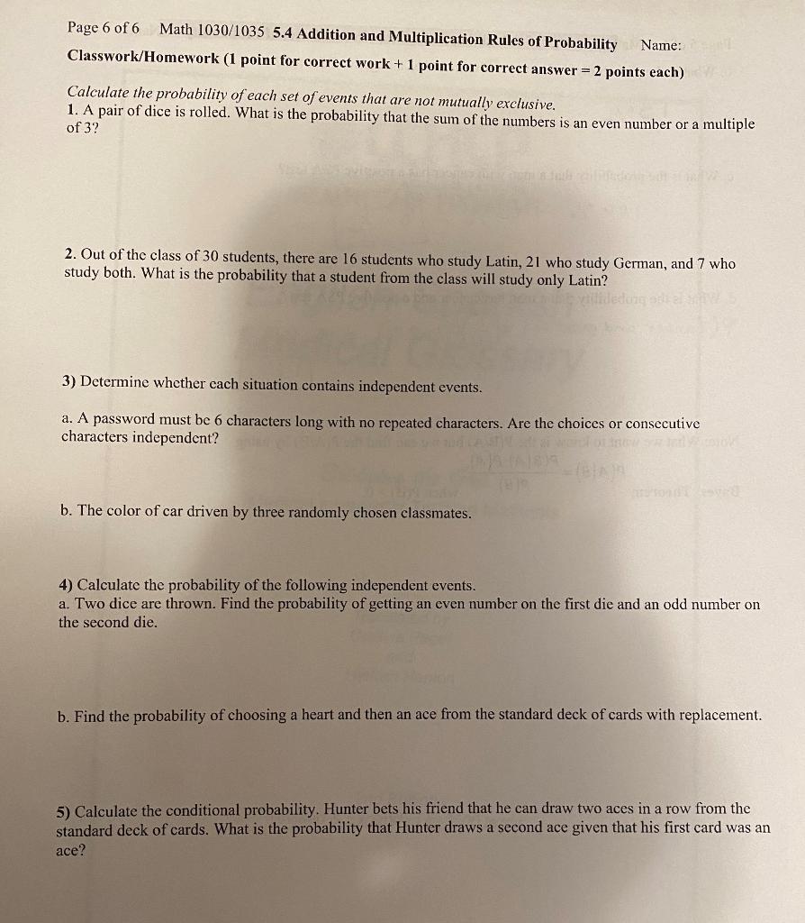 Solved Page 6 of 6 Math 1030/1035 5.4 Addition and | Chegg.com