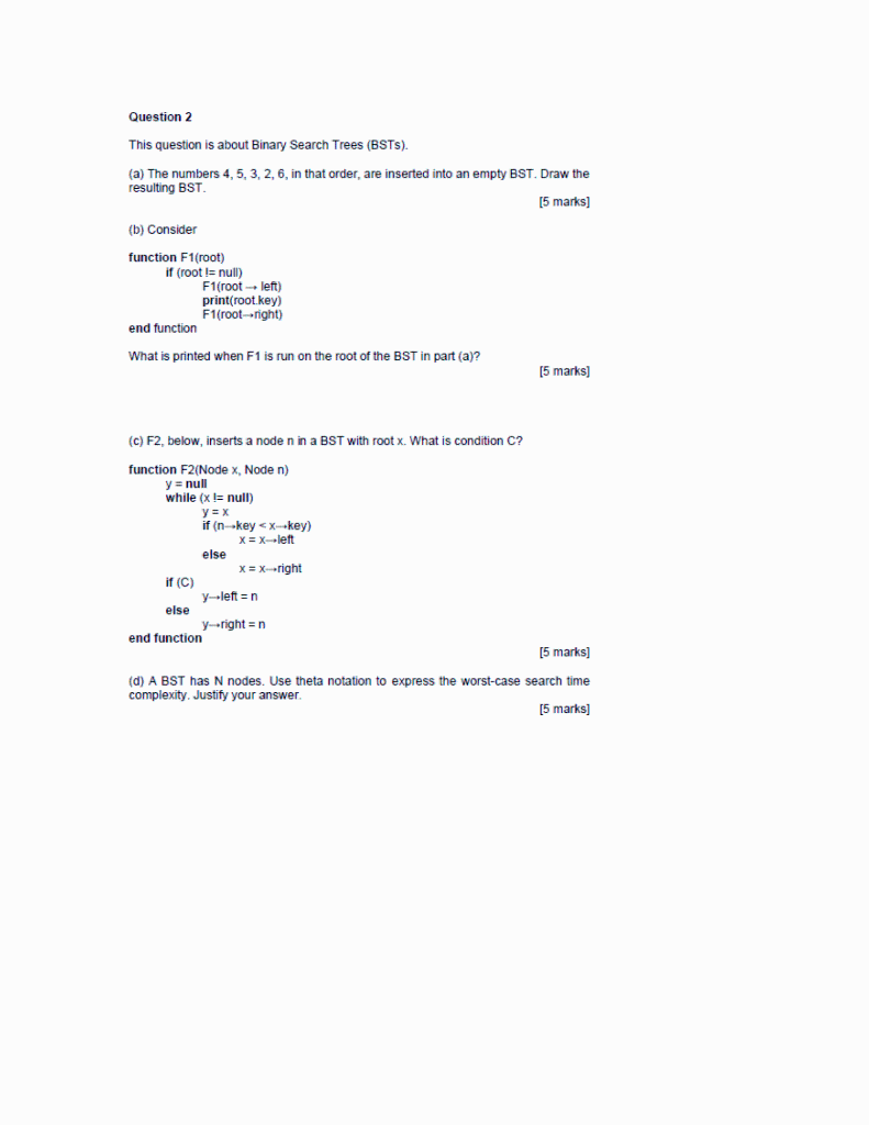 Solved Question 2 This question is about Binary Search Trees | Chegg.com