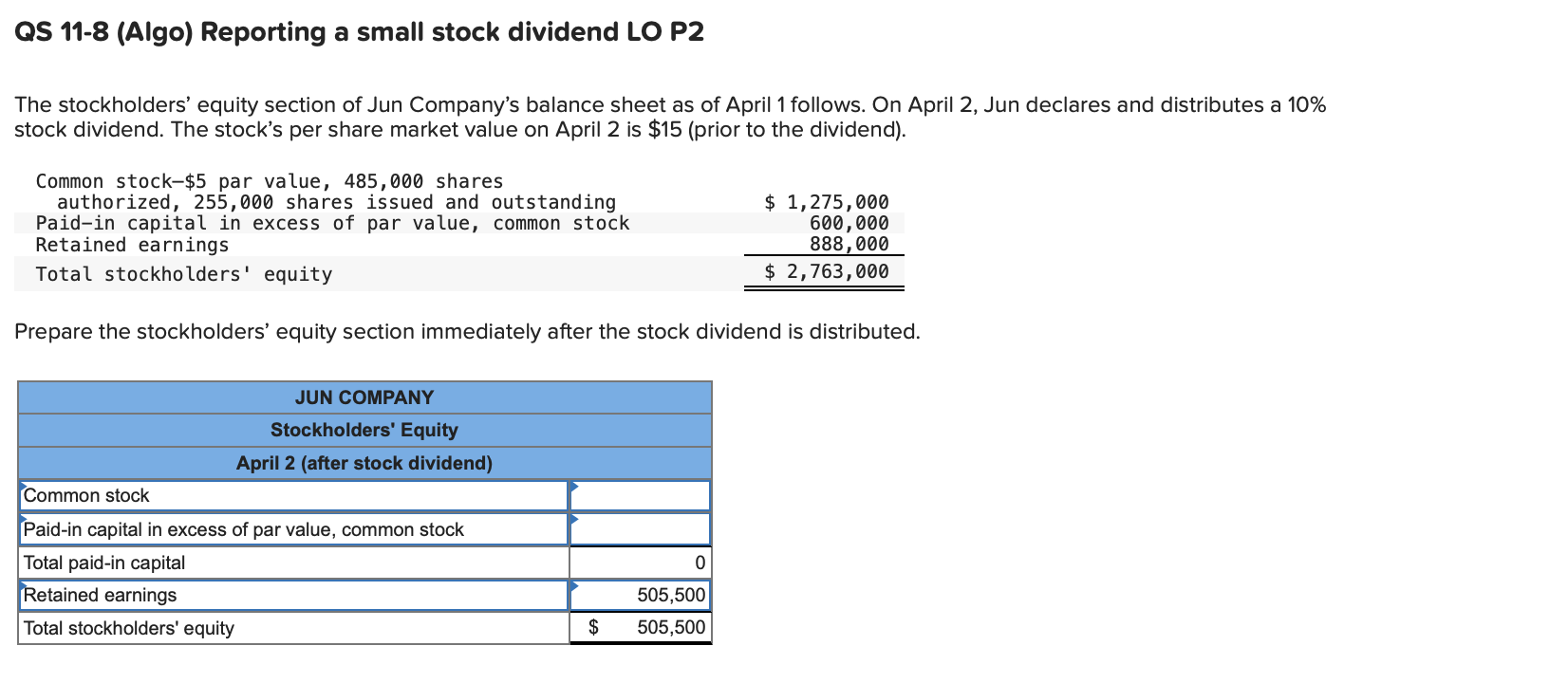 Solved QS 11-8 (Algo) Reporting a small stock dividend LO P2 | Chegg.com