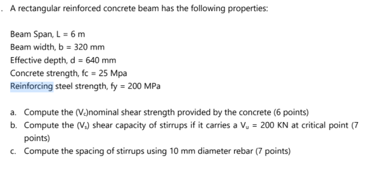 Solved . A rectangular reinforced concrete beam has the | Chegg.com