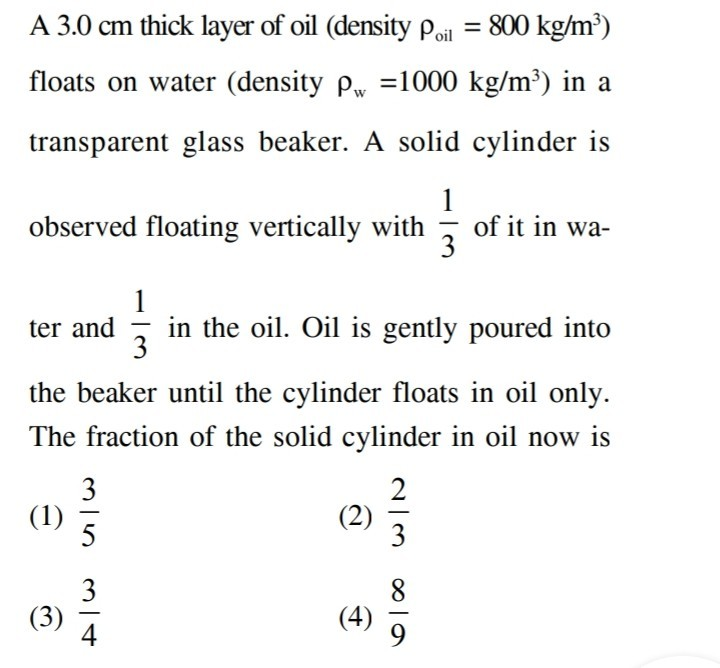Solved A 3.0 cm thick layer of oil (density Poil = 800 kg/m) | Chegg.com