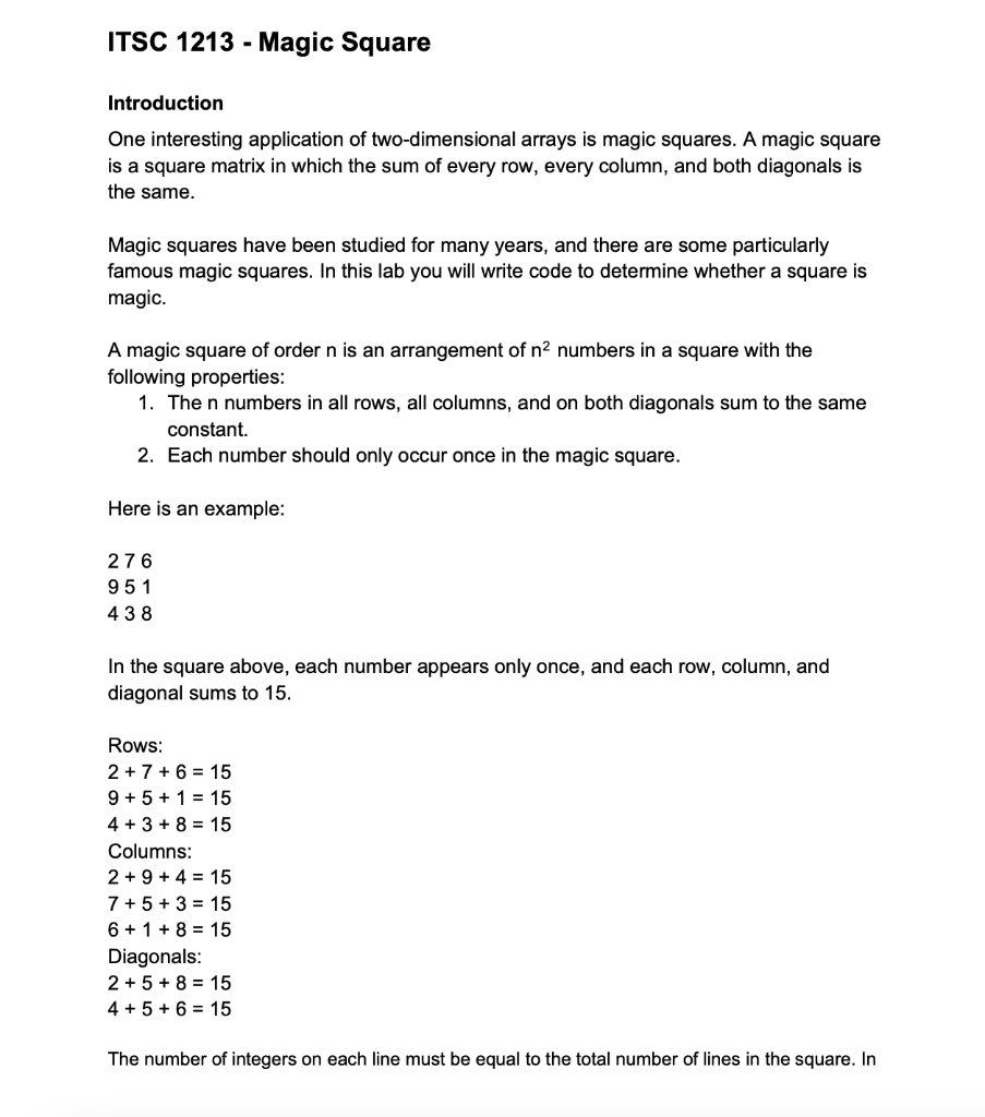 ITSC 1213 - Magic Square Introduction One interesting | Chegg.com