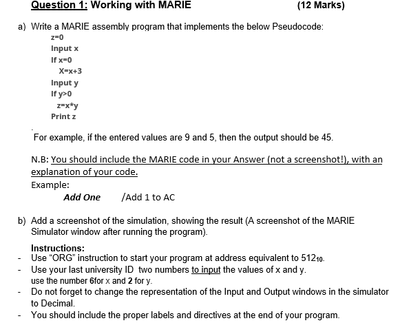 Solved Question 1: Working with MARIE (12 Marks) a) Write a | Chegg.com