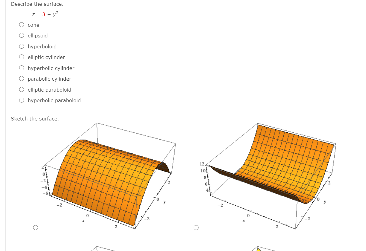 Solved Describe the surface. z = 3 - y2 cone O ellipsoid O | Chegg.com