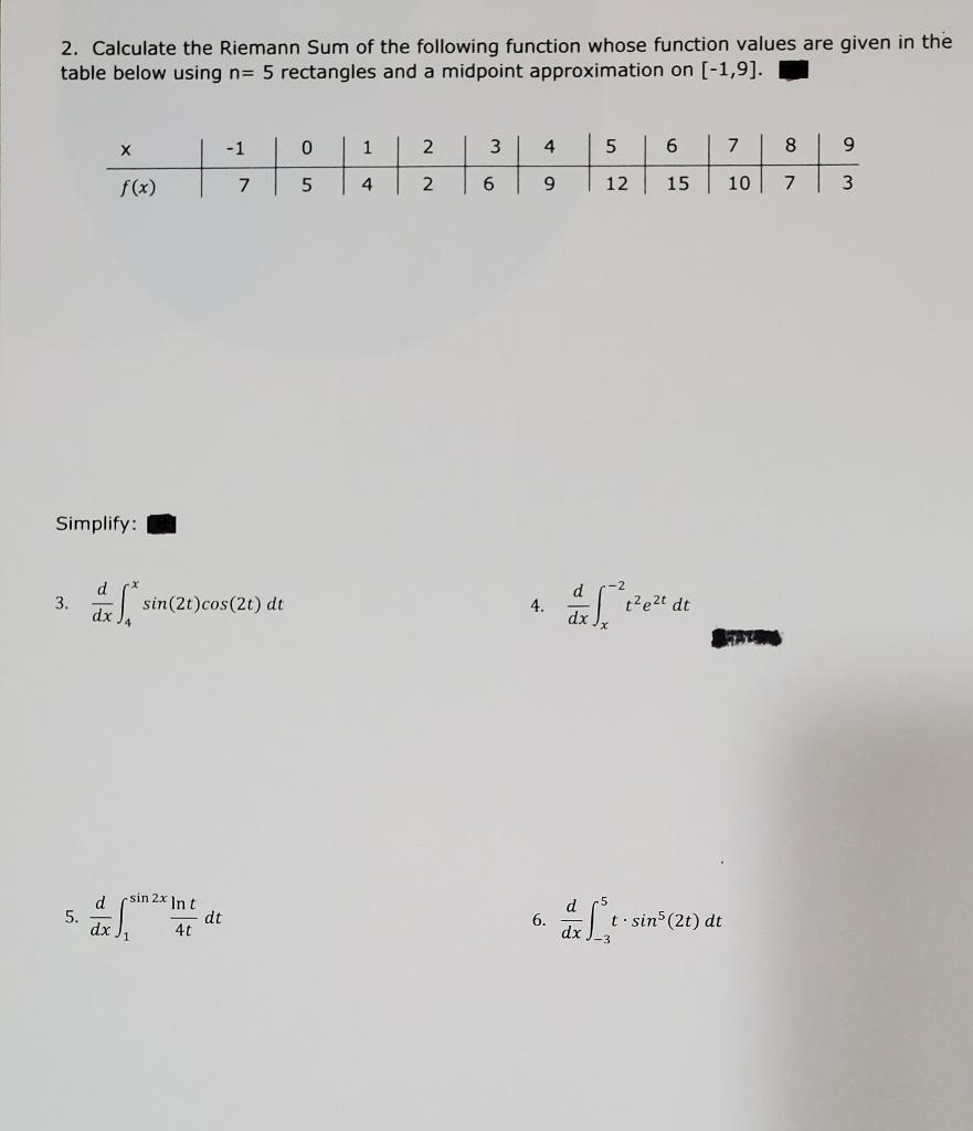 Solved 2. Calculate the Riemann Sum of the following | Chegg.com