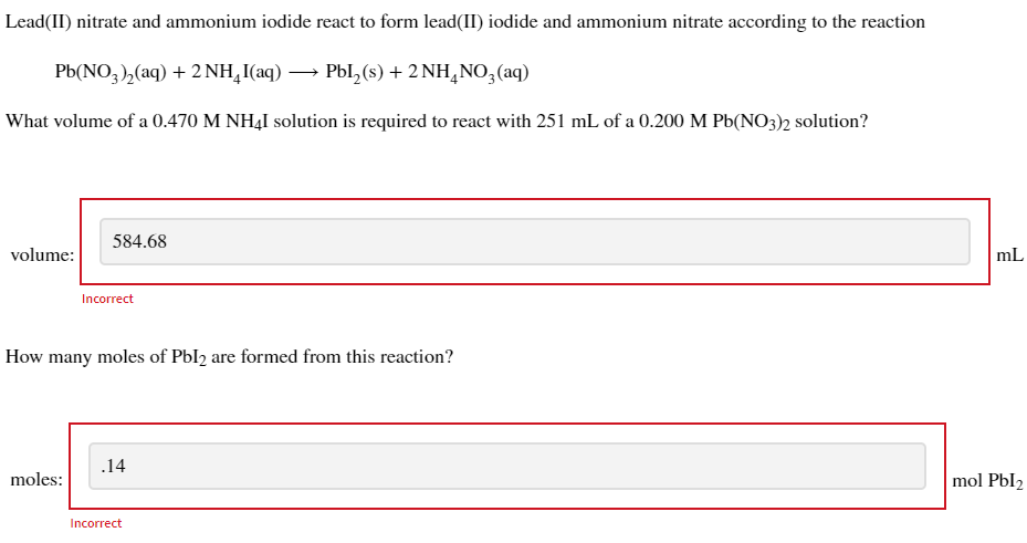 Solved Pb(NO3)2(aq)+2NH4I(aq) PbI2( s)+2NH4NO3(aq) What | Chegg.com