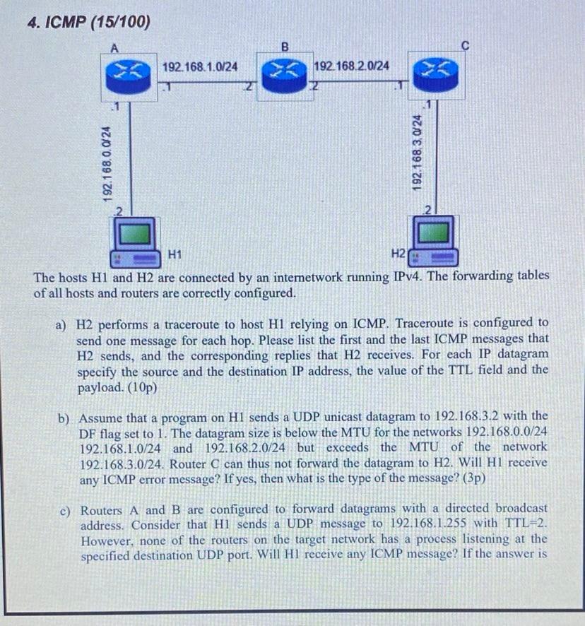 Solved 4. ICMP (15/1nn) The hosts H1 and H2 are connected by | Chegg.com