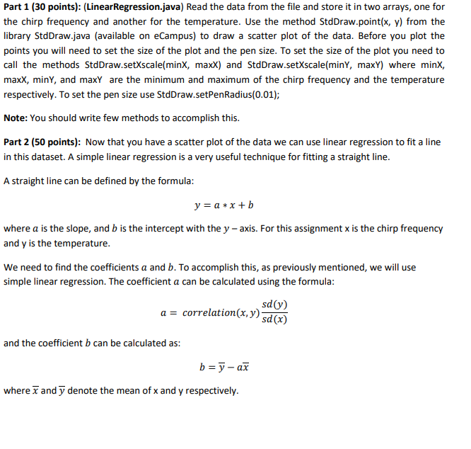 Part 1 (30 points): (LinearRegression.java) Read the | Chegg.com