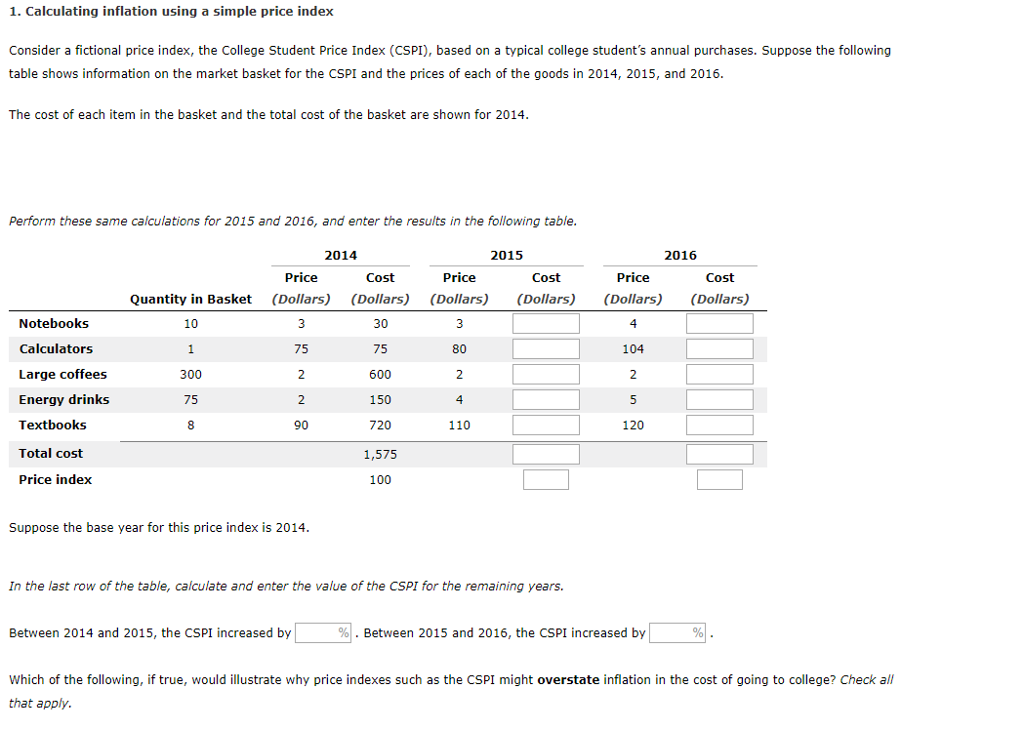 Solved 1. Calculating inflation using a simple price index | Chegg.com