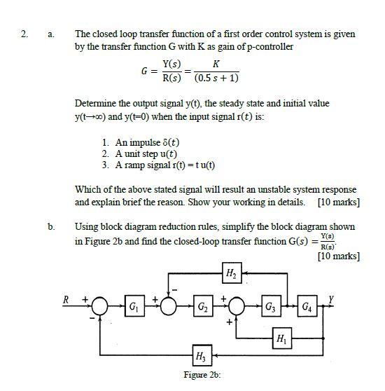 Solved 2. a. The closed loop transfer function of a first | Chegg.com