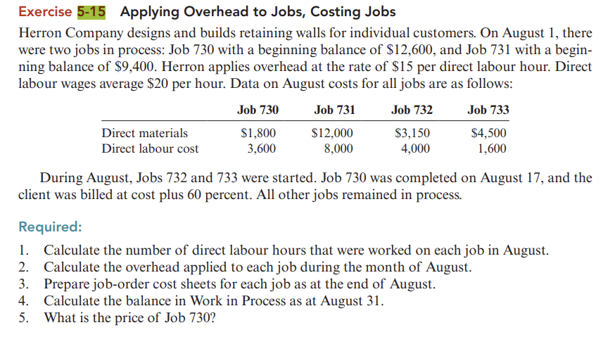 Solved Exercise 5-15 Applying Overhead to Jobs, Costing Jobs | Chegg.com