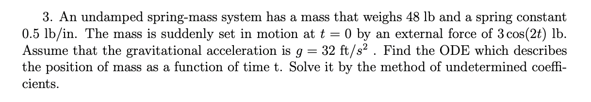 Solved 3. An undamped spring-mass system has a mass that | Chegg.com