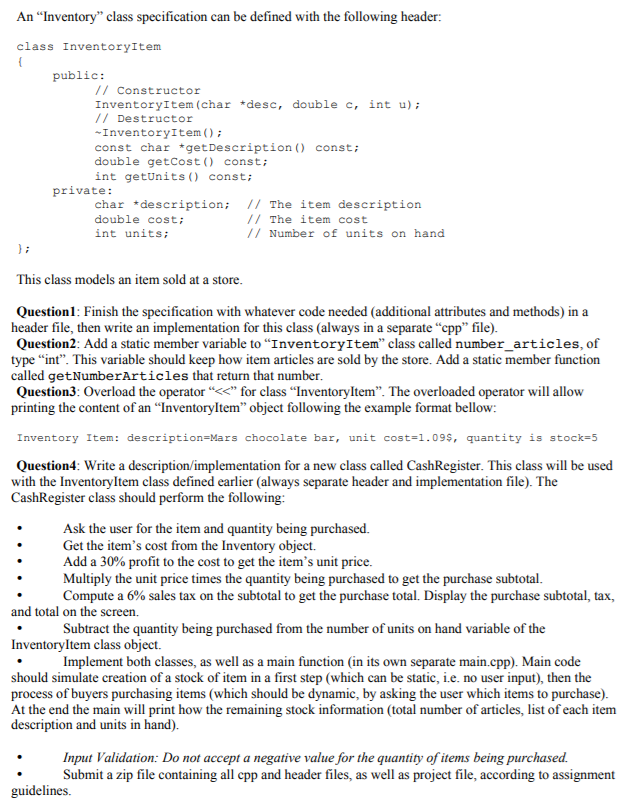 An "Inventory" class specification can be defined | Chegg.com