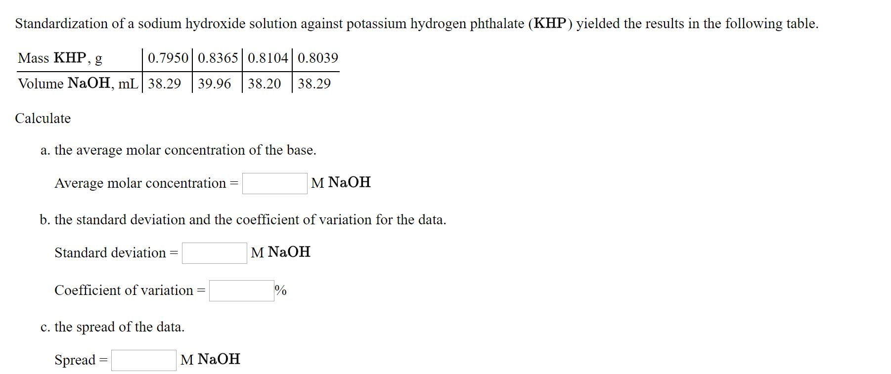 Solved Standardization of a sodium hydroxide solution | Chegg.com