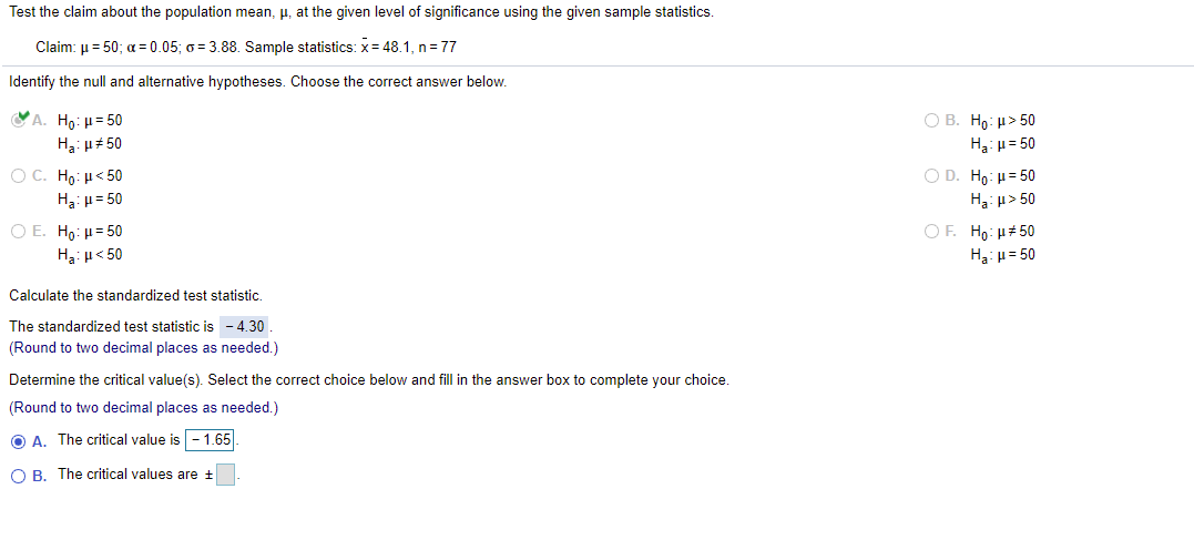 Solved Test the claim about the population mean, , at the | Chegg.com