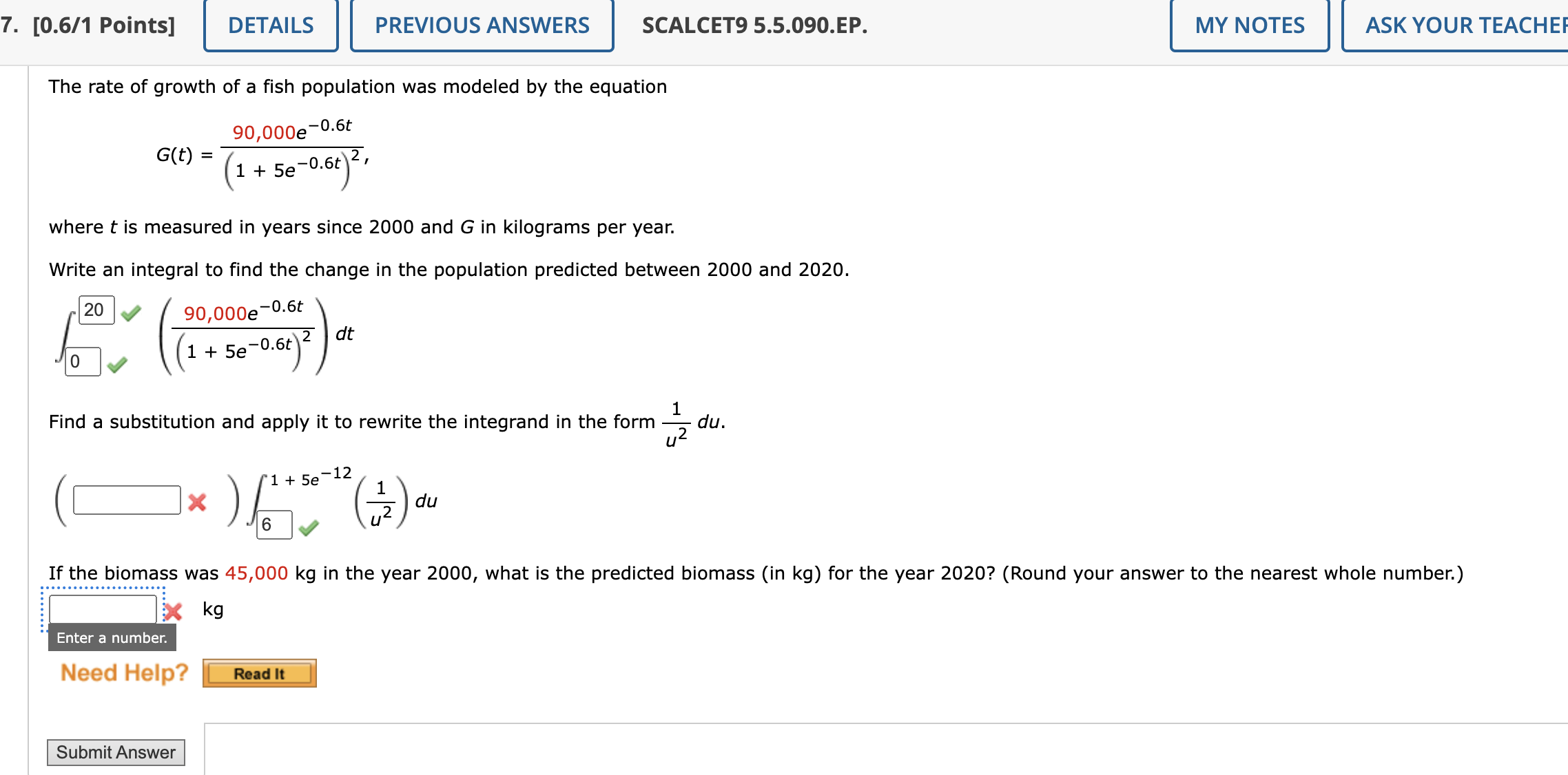Solved The rate of growth of a fish population was modeled | Chegg.com